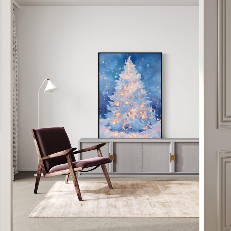 Winter Christmas Tree Wall Art, Snowy Blue Tree Painting, Warm Lights ...