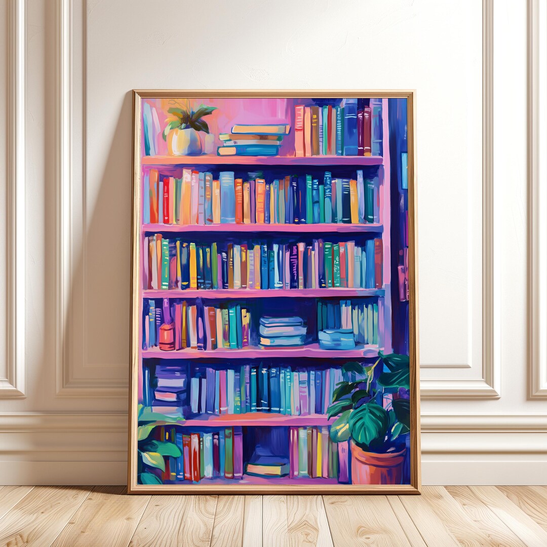 Bookshelf Painting Wall Art - Book Lover Digital Print - Colorful ...
