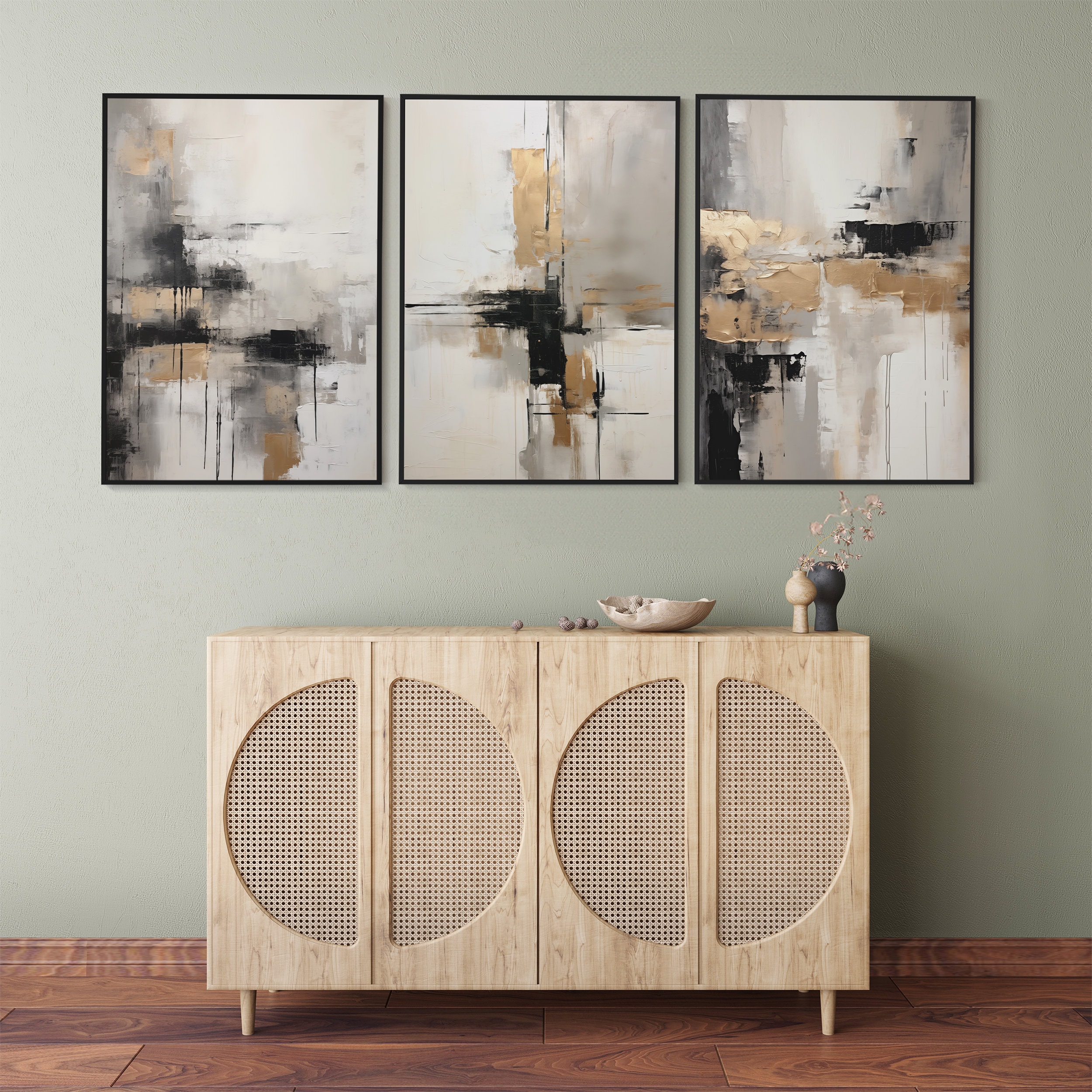 Gray and Gold Abstract Wall Art Set of 3 – Modern Minimalist Prints ...