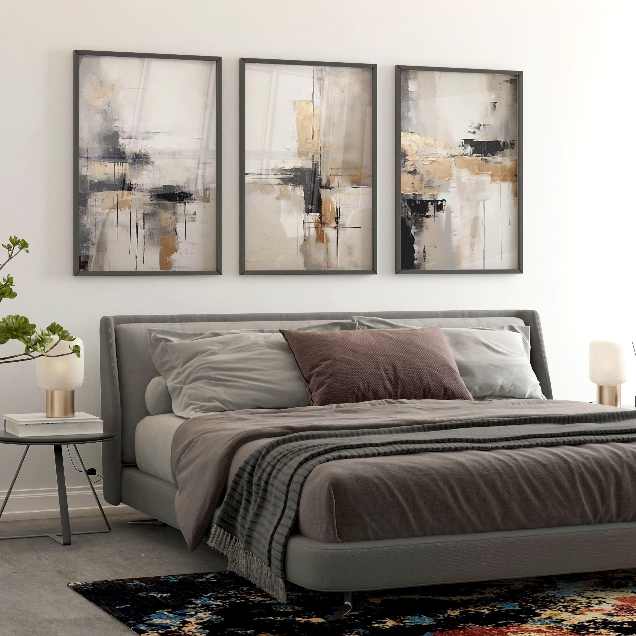 Gray and Gold Abstract Wall Art Set of 3 – Modern Minimalist Prints ...