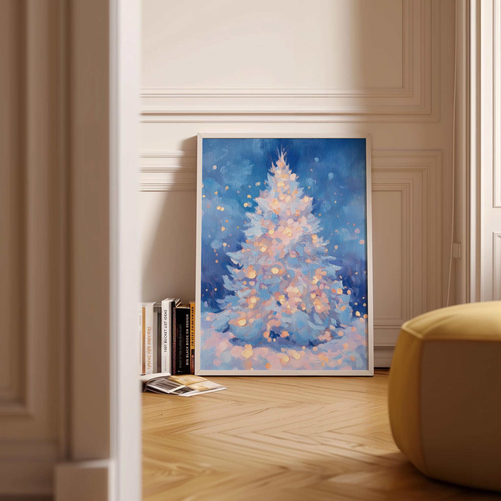 Winter Christmas Tree Wall Art, Snowy Blue Tree Painting, Warm Lights ...