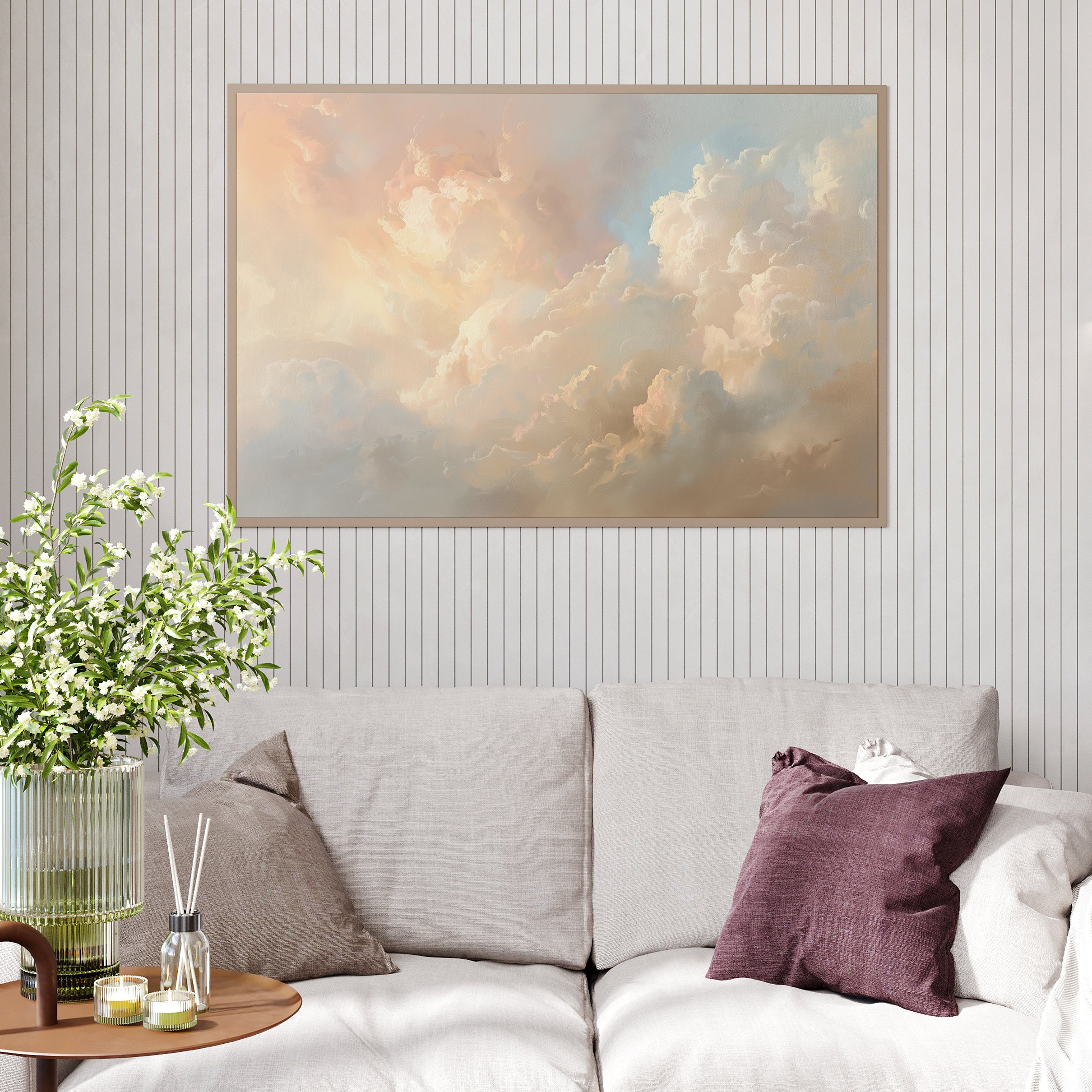 Clouds Neutral Painting Coquette Girl's Room Decor Horizontal Large Cloudy Sky Wall Art Digital ...