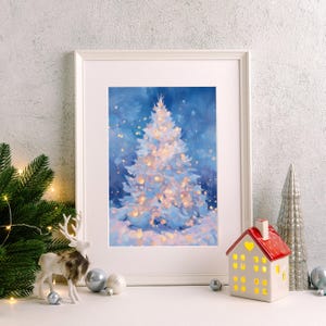Winter Christmas Tree Wall Art, Snowy Blue Tree Painting, Warm Lights ...