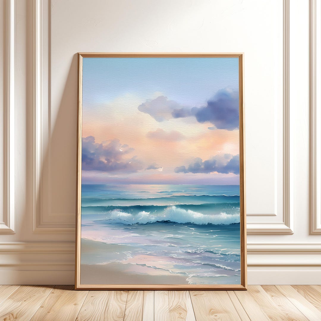 Pastel Ocean Waves at Sunset Painting - Serene Seascape Watercolor Art ...