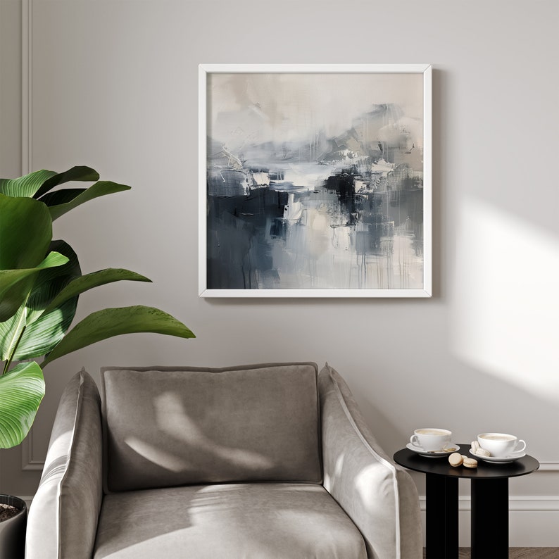 Modern Abstract Square Wall Art - Neutral Large Print - Beige and Navy ...