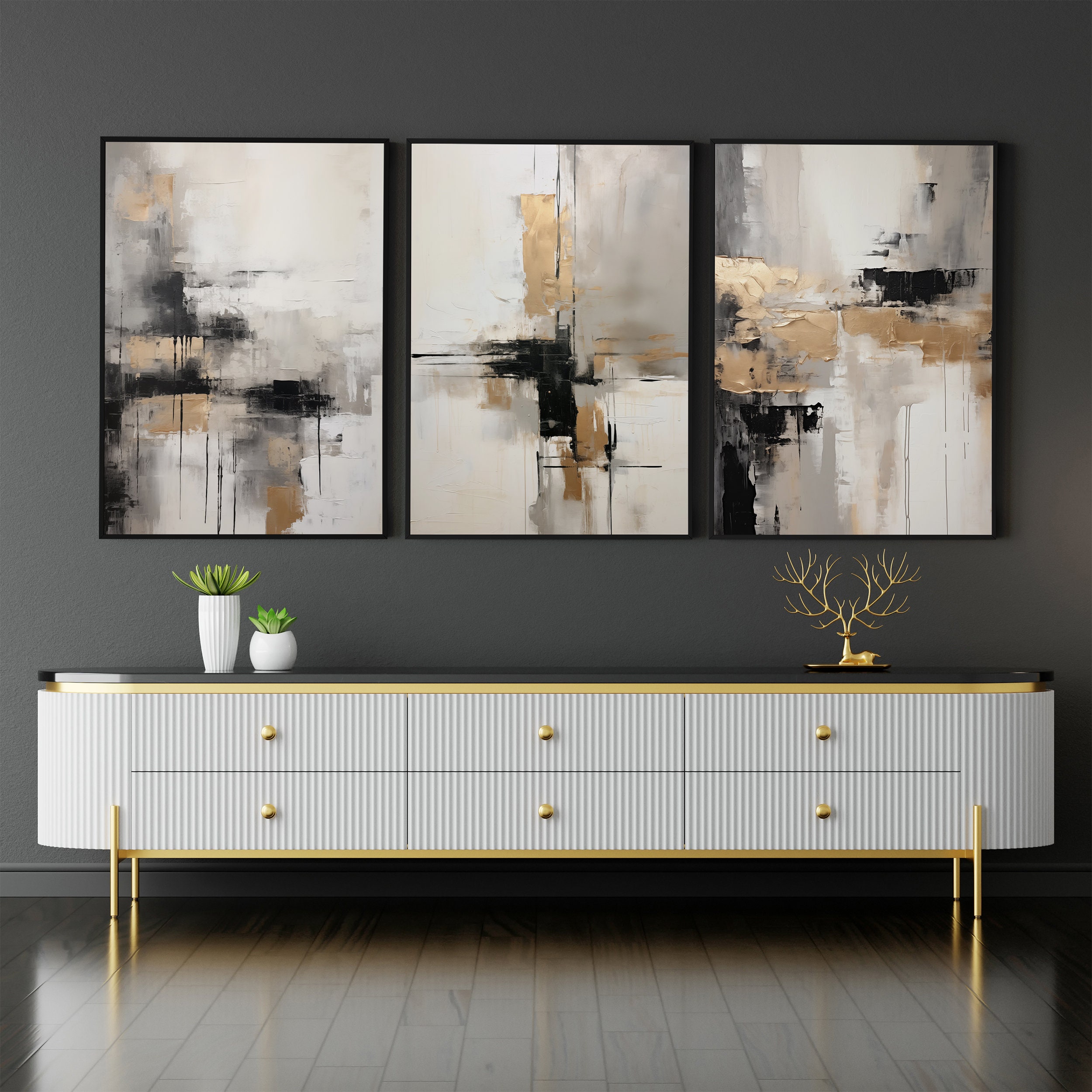 Gray and Gold Abstract Wall Art Set of 3 – Modern Minimalist Prints ...