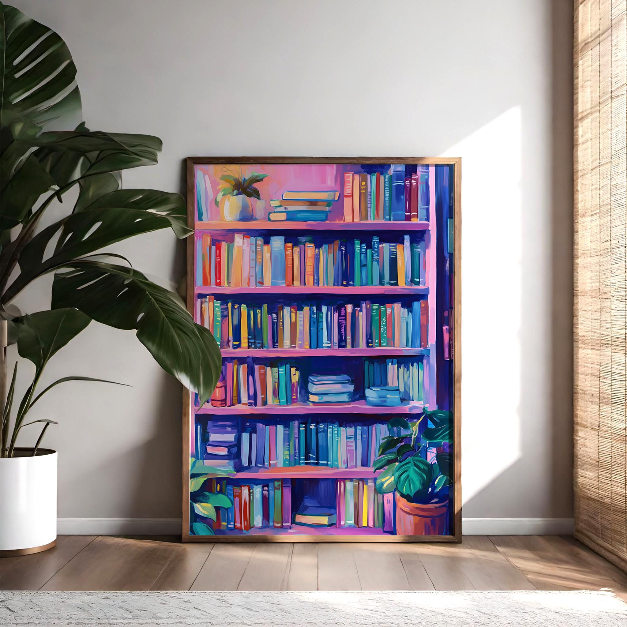 Colorful Bookshelf Painting – Modern Library Wall Art, Abstract Book ...