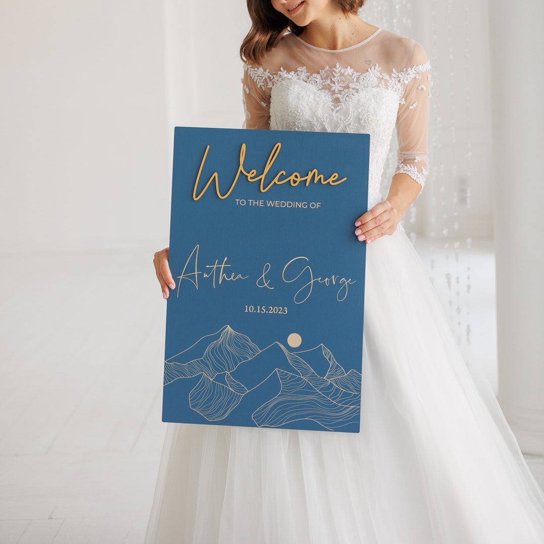 Personalized Welcome Wedding Sign With Mountaint Print, Blue Enterance ...