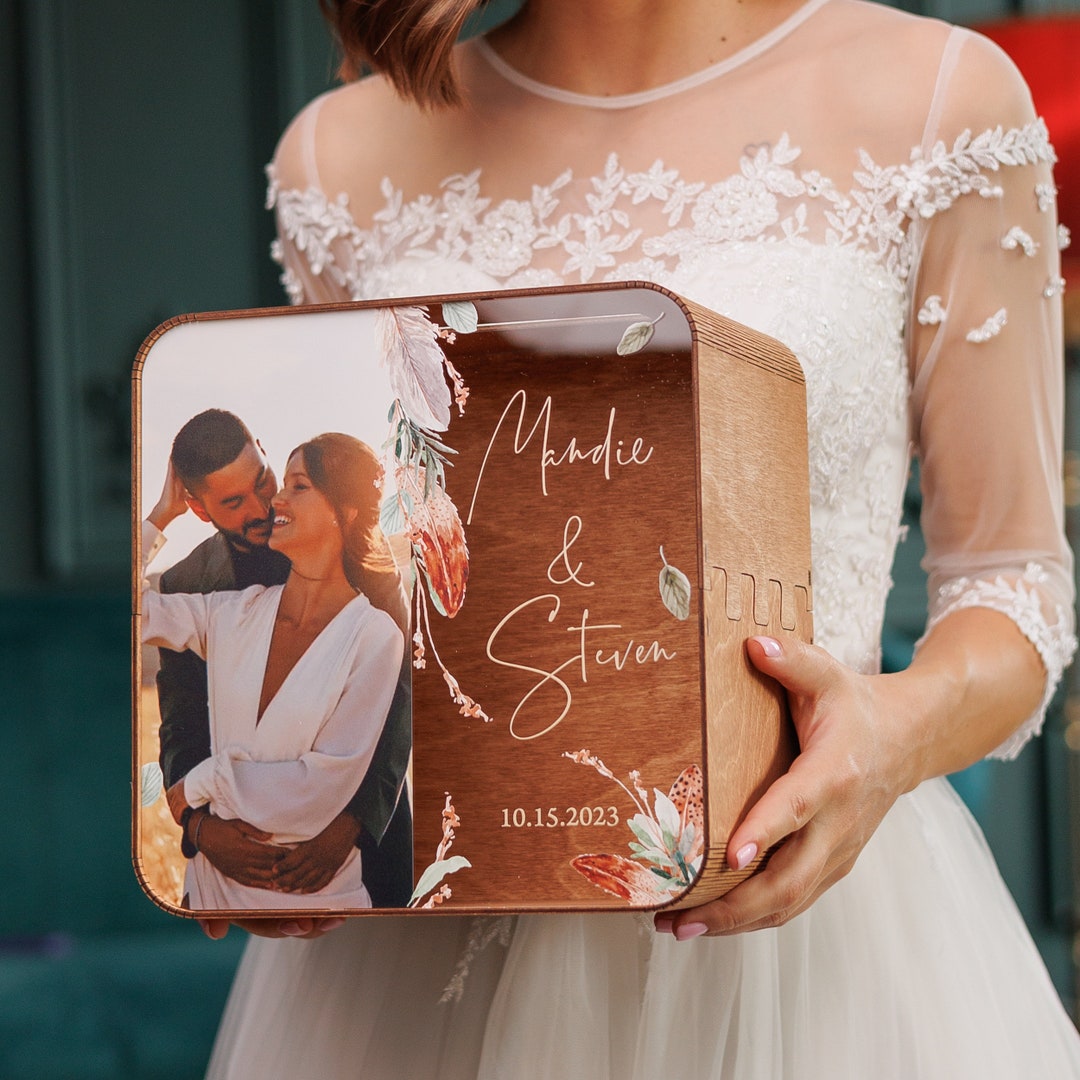 Personalized Wedding Card Box With Photo: Rustic Wood & Acrylic Glass ...