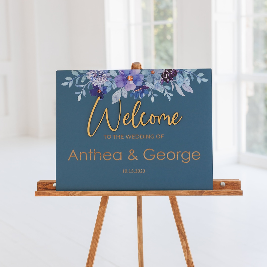 Spring Wedding Welcome Sign With Floral Design, Blue Wedding Enterance ...