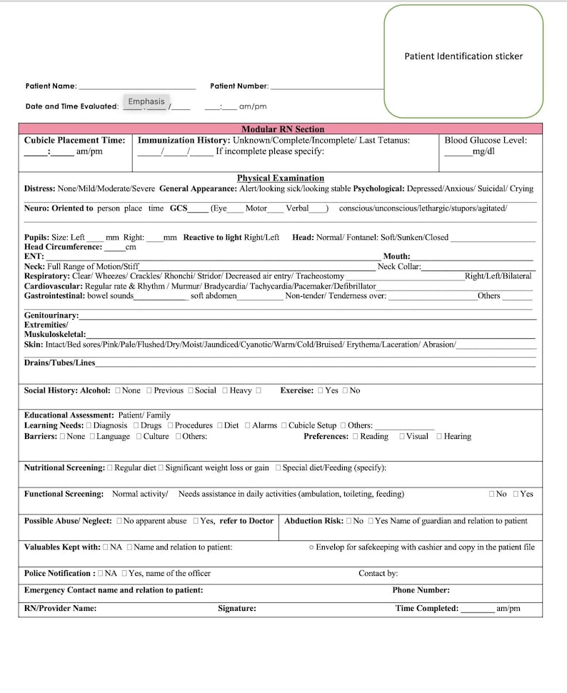 Nursing Triage Assessment Form – Emergency Medicine Template - Etsy