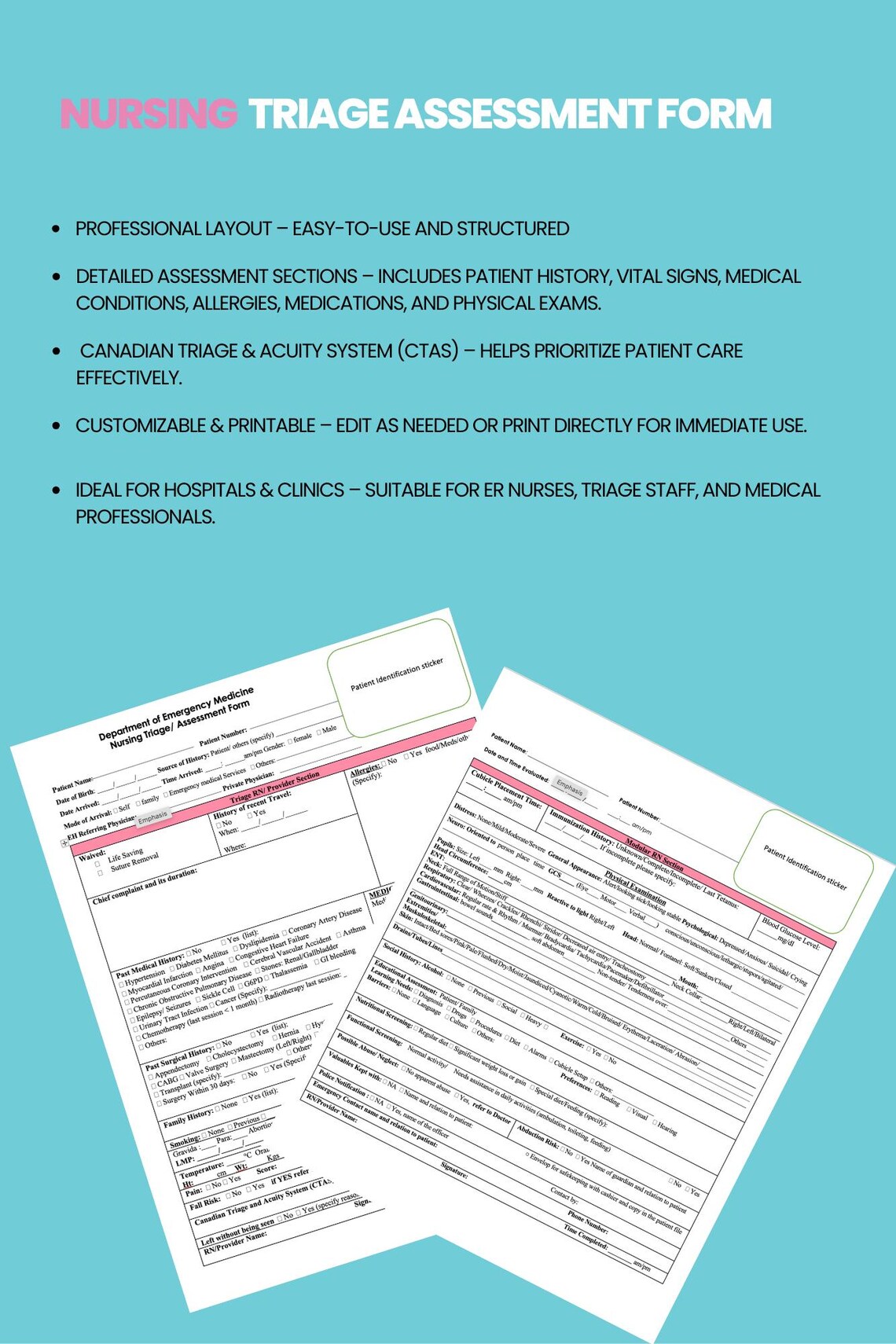 Nursing Triage Assessment Form – Emergency Medicine Template - Etsy