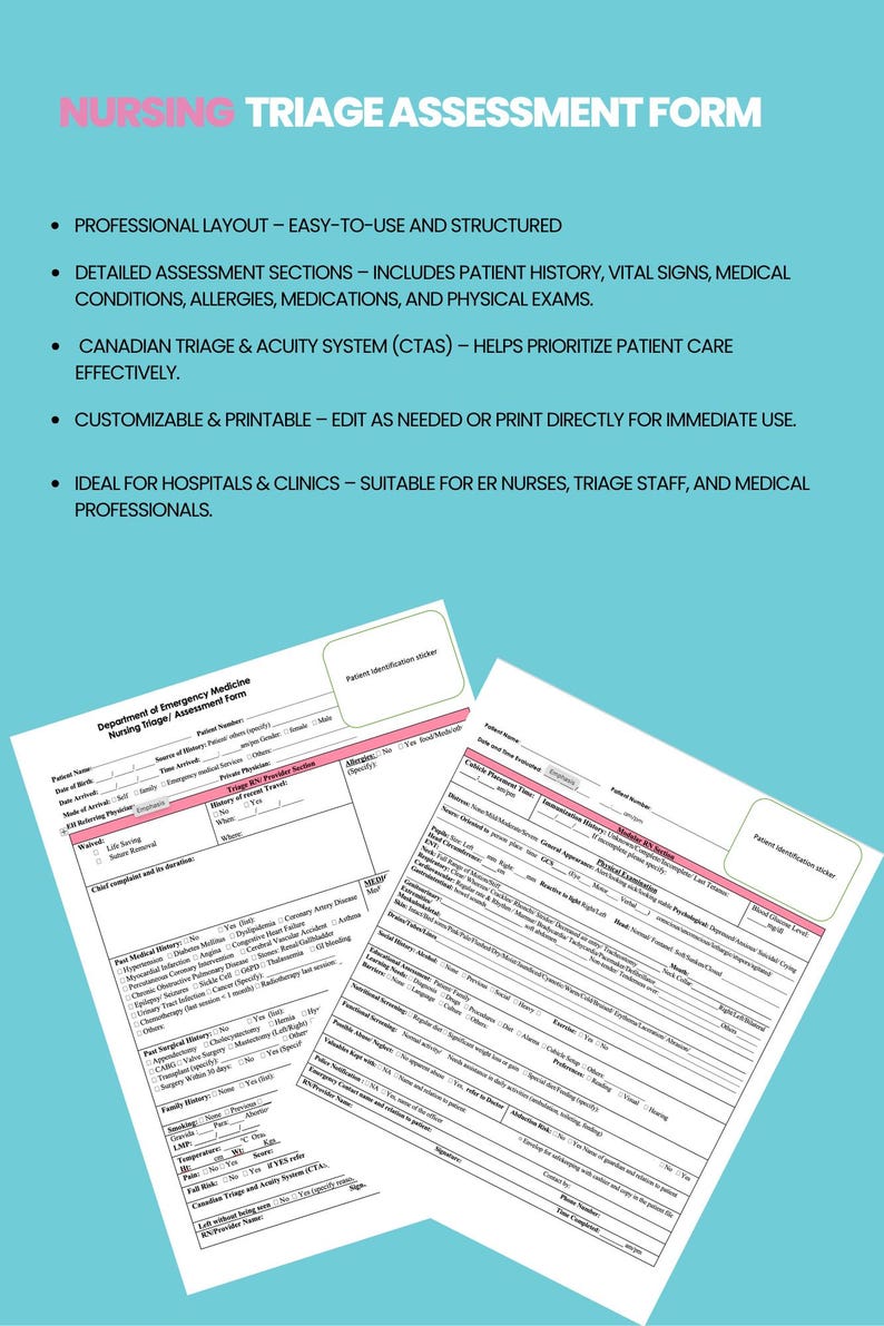 Nursing Triage Assessment Form – Emergency Medicine Template - Etsy