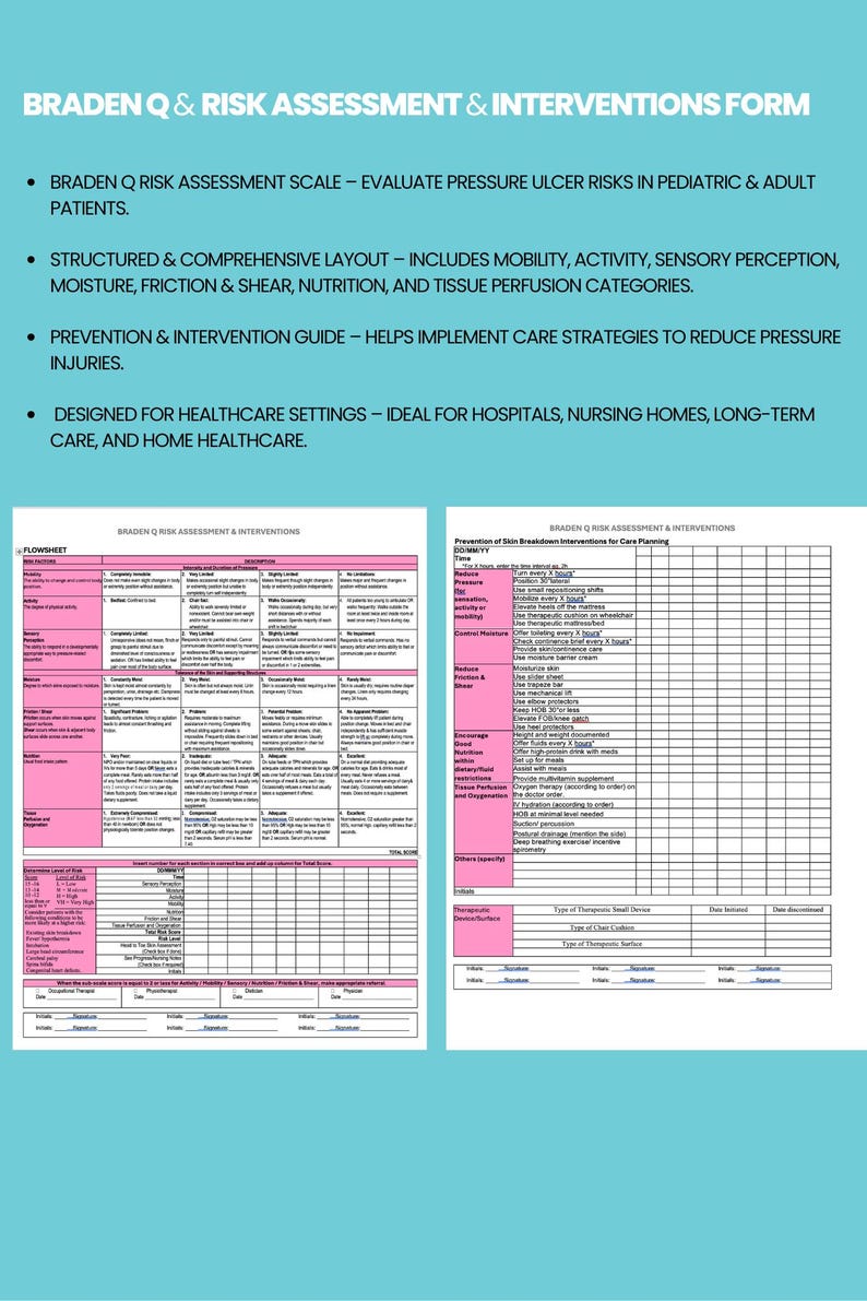 Braden Q Risk Assessment & Interventions Form - Etsy