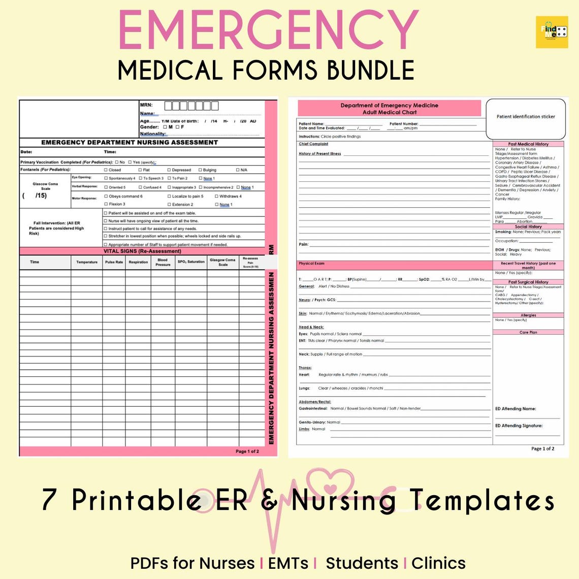 Emergency Medical Forms Bundle | Printable ER Nursing Templates, Triage ...