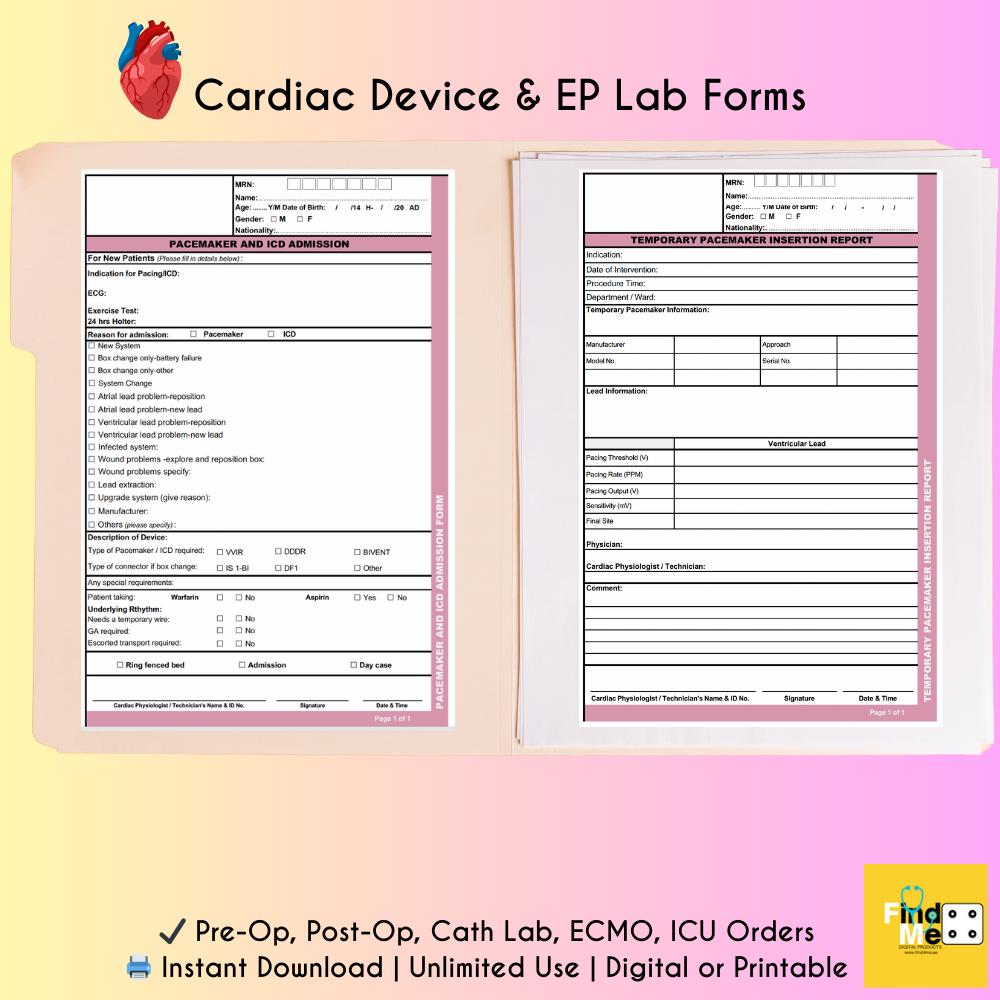 Cardiac & Cath Lab Forms Bundle Pacemaker, ICD, EP, ACS, Admission and ...