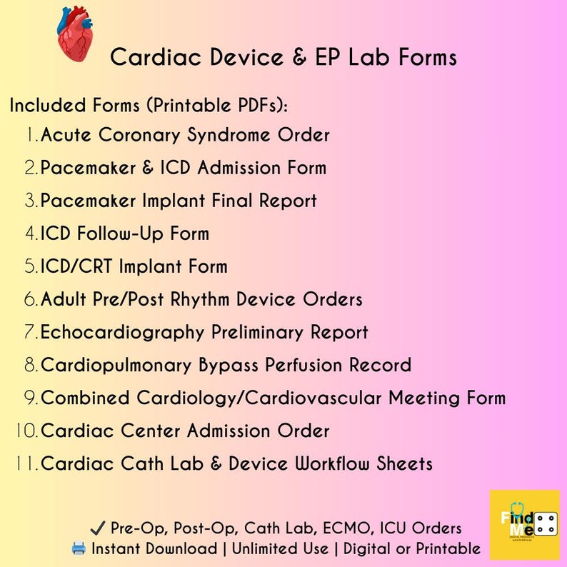 Cardiac & Cath Lab Forms Bundle Pacemaker, ICD, EP, ACS, Admission and ...