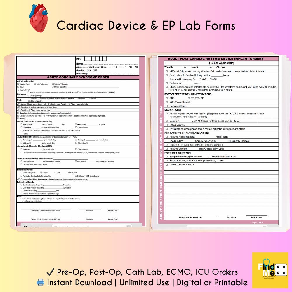 Cardiac & Cath Lab Forms Bundle Pacemaker, ICD, EP, ACS, Admission and ...