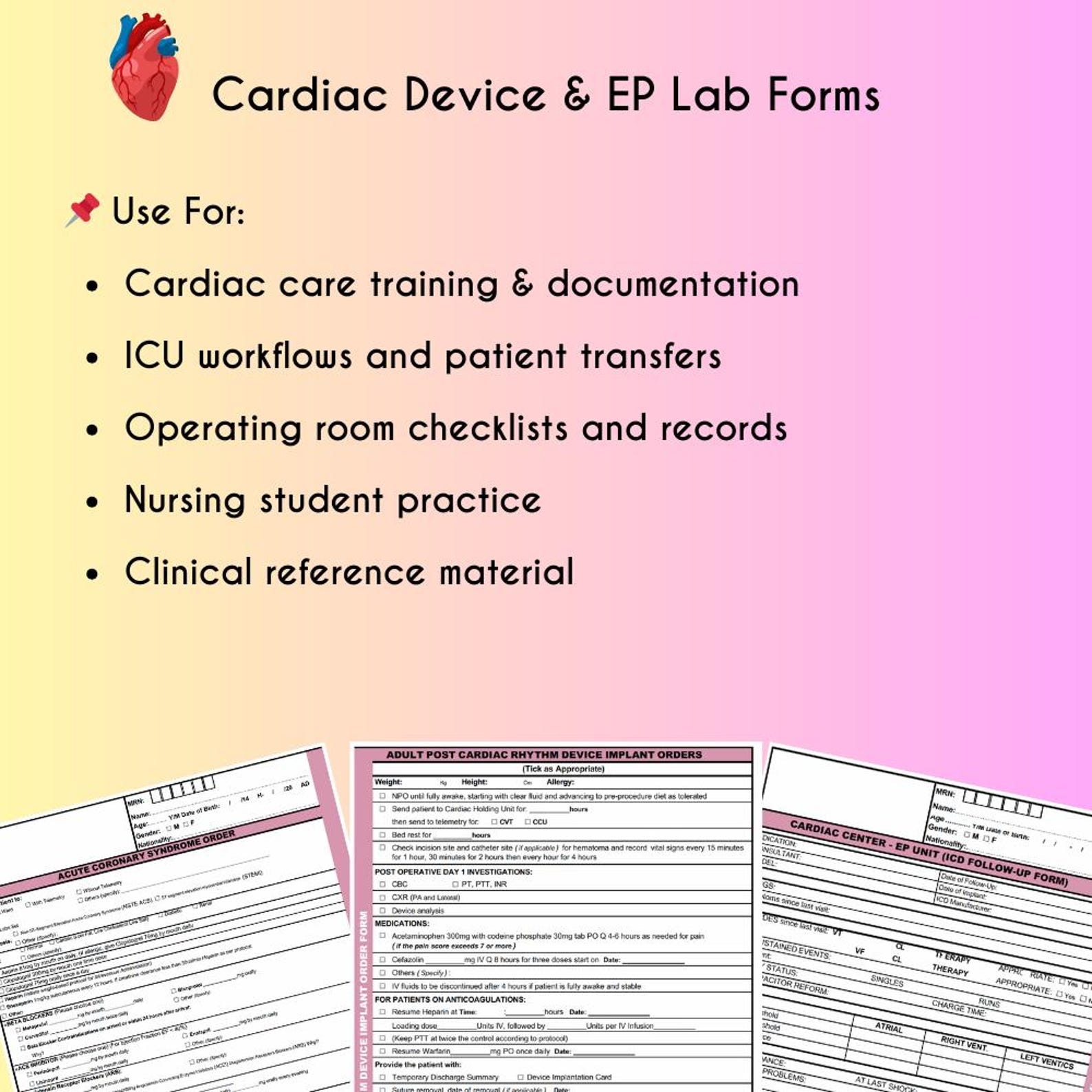 Cardiac & Cath Lab Forms Bundle Pacemaker, ICD, EP, ACS, Admission and ...