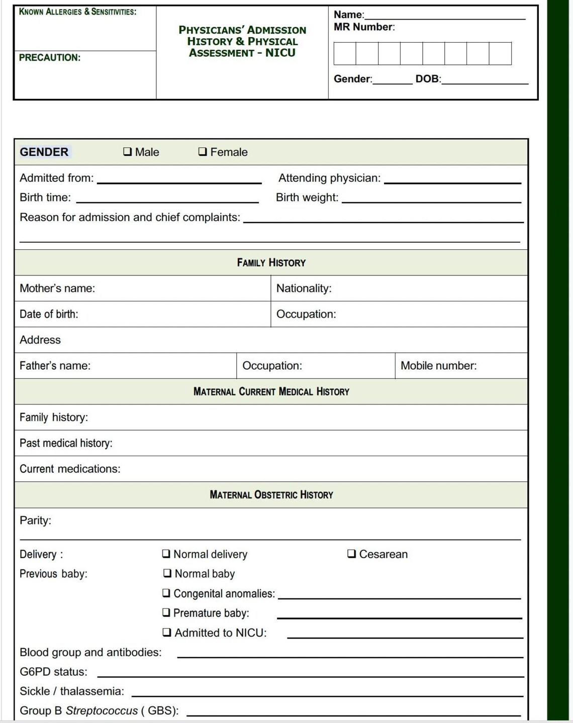 NICU History & Physical Assessment Form | Neonatal Physician Checklist ...