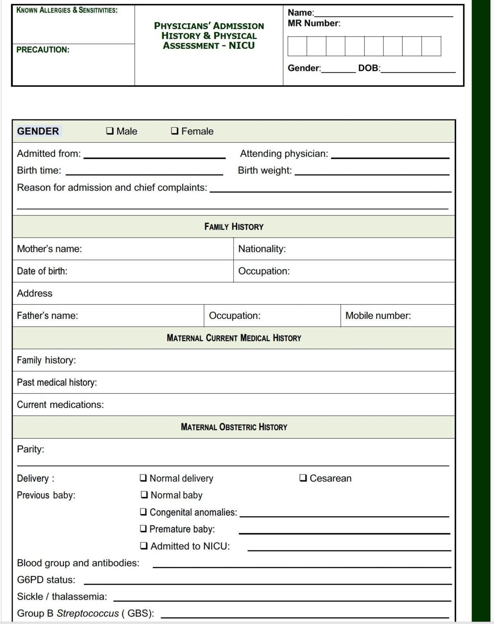 NICU History & Physical Assessment Form | Neonatal Physician Checklist ...
