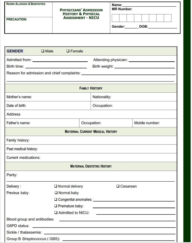 NICU History & Physical Assessment Form | Neonatal Physician Checklist ...