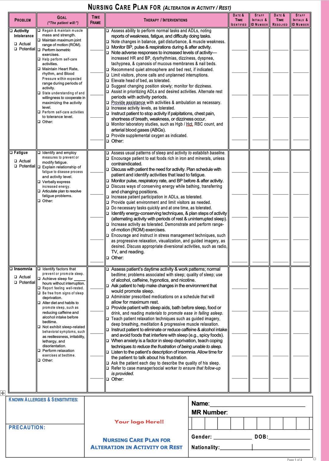 Nursing Care Plan for Alteration in Activity or Rest | Detailed Nursing ...