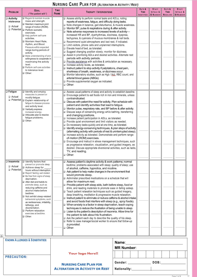 Nursing Care Plan for Alteration in Activity or Rest | Detailed Nursing ...