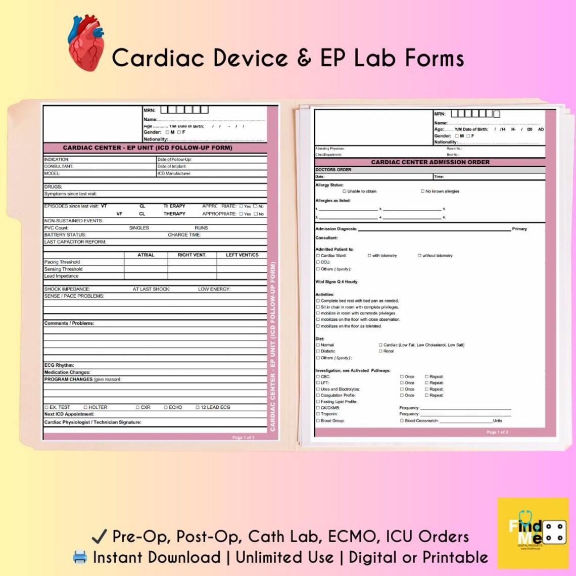 Cardiac & Cath Lab Forms Bundle Pacemaker, ICD, EP, ACS, Admission and ...