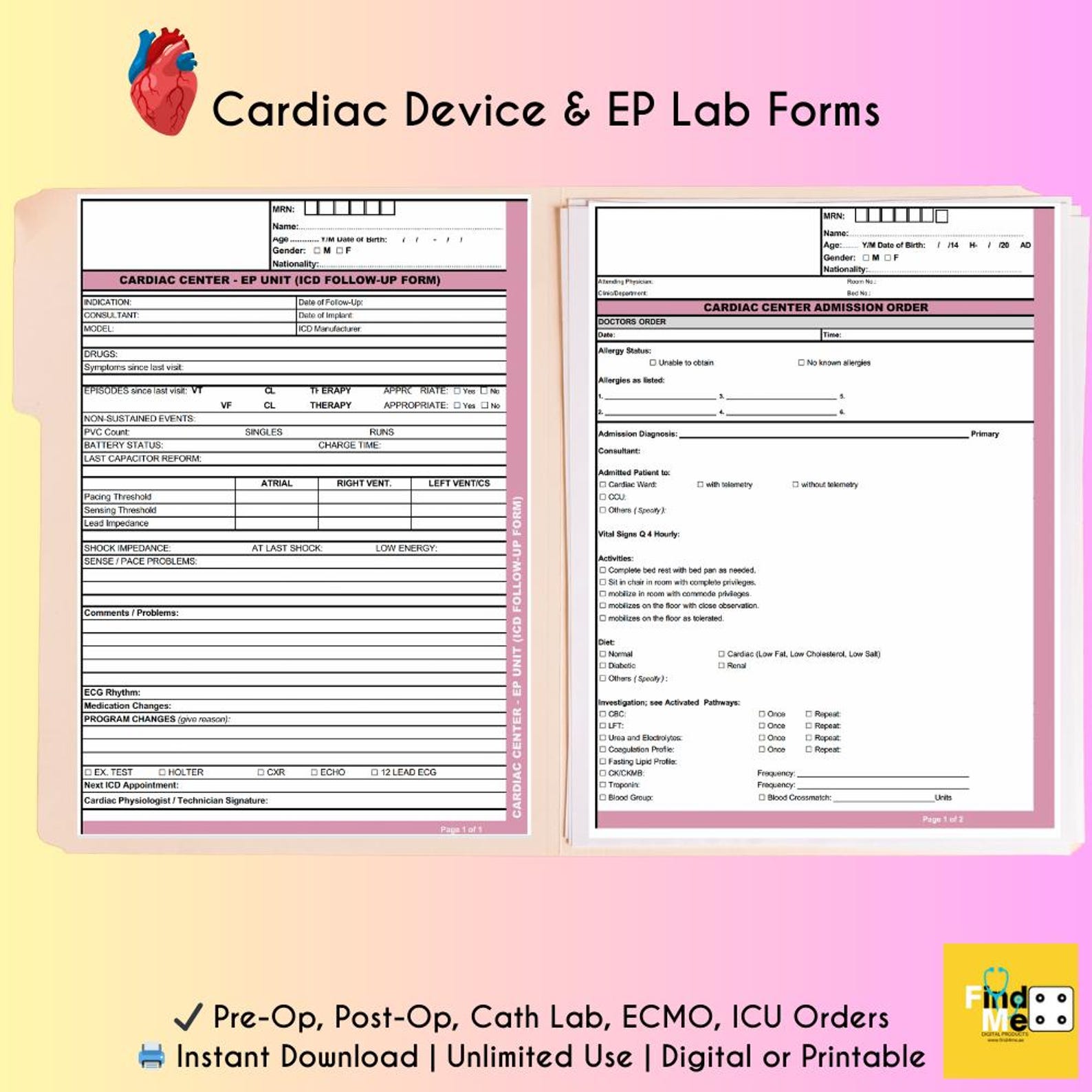 Cardiac & Cath Lab Forms Bundle Pacemaker, ICD, EP, ACS, Admission and ...
