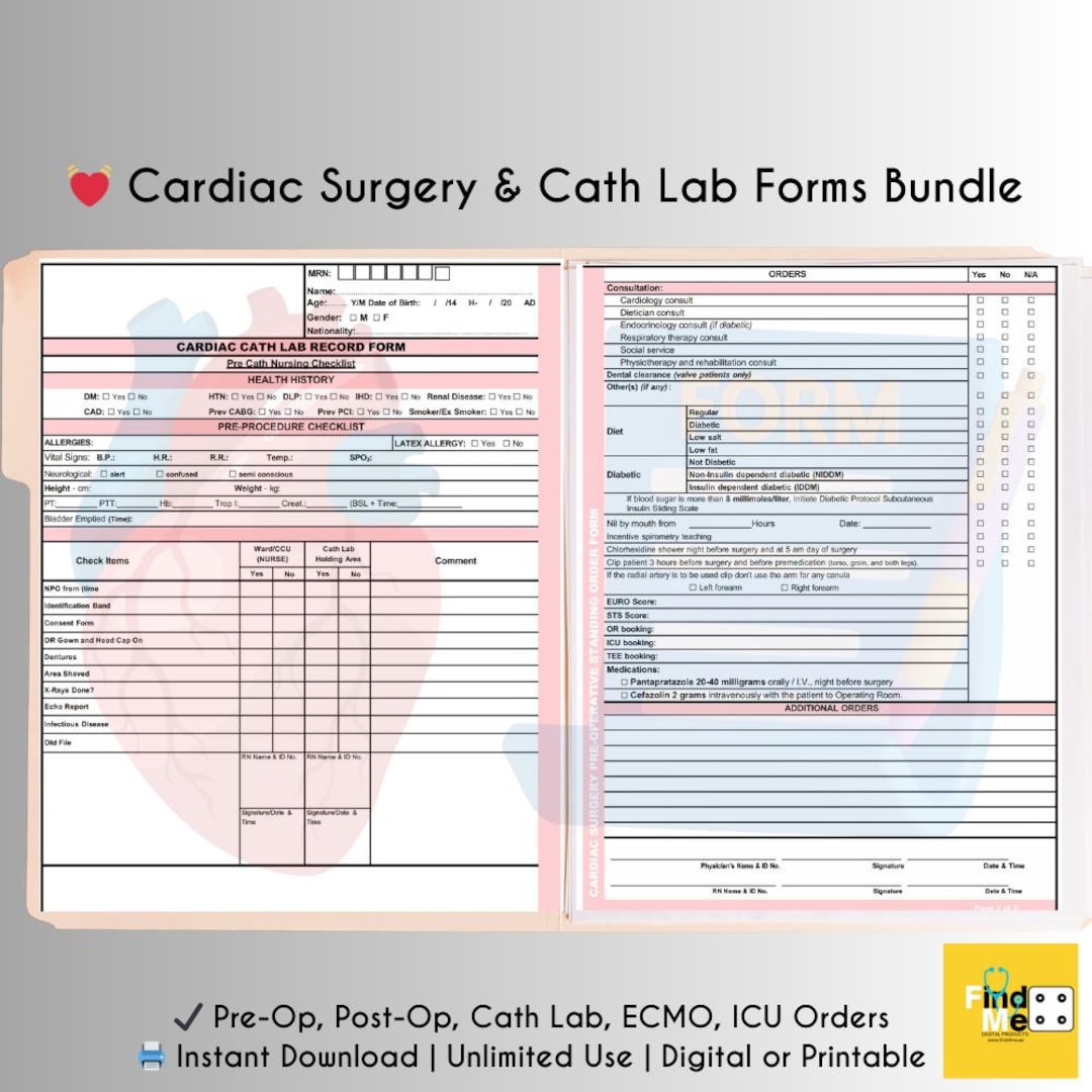 Cardiac Surgery & Cath Lab Forms Bundle: ICU Nursing Sheets (printable ...