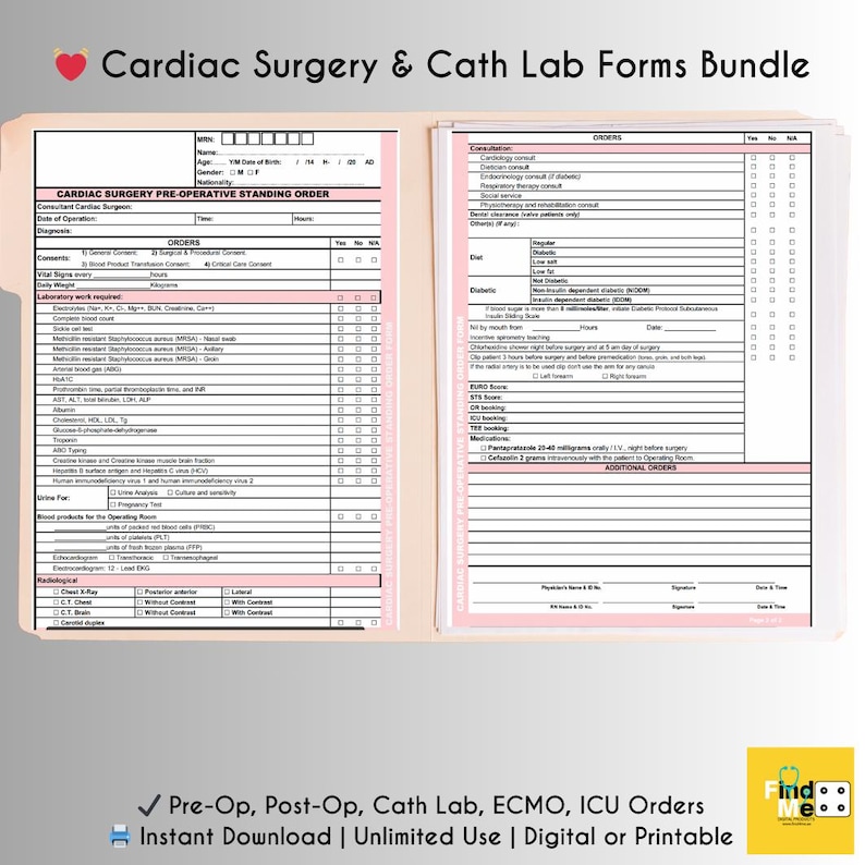 Cardiac Surgery & Cath Lab Forms Bundle: ICU Nursing Sheets (printable ...
