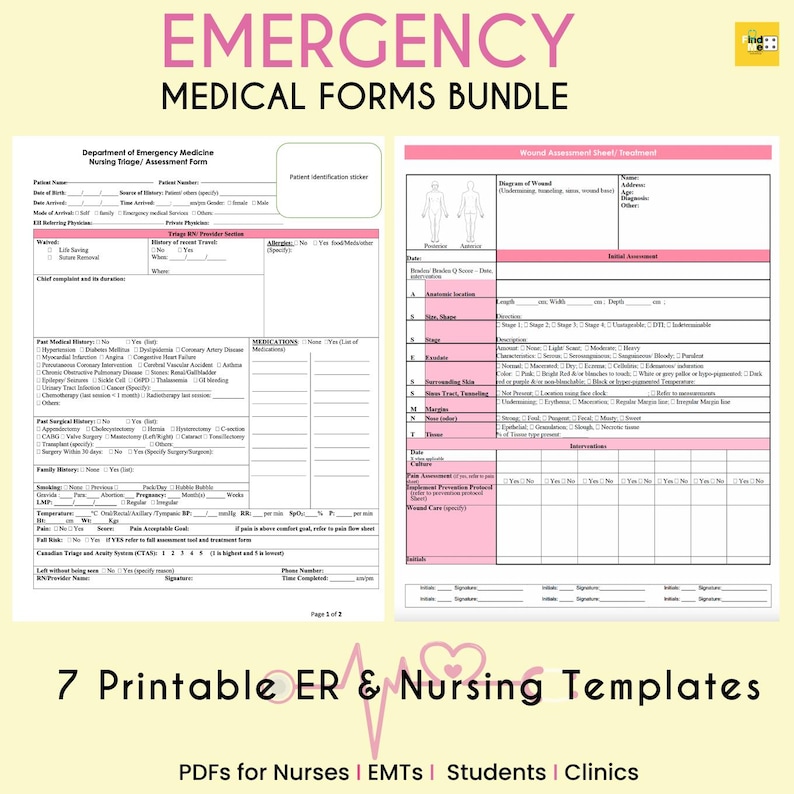 Emergency Medical Forms Bundle | Printable ER Nursing Templates, Triage ...