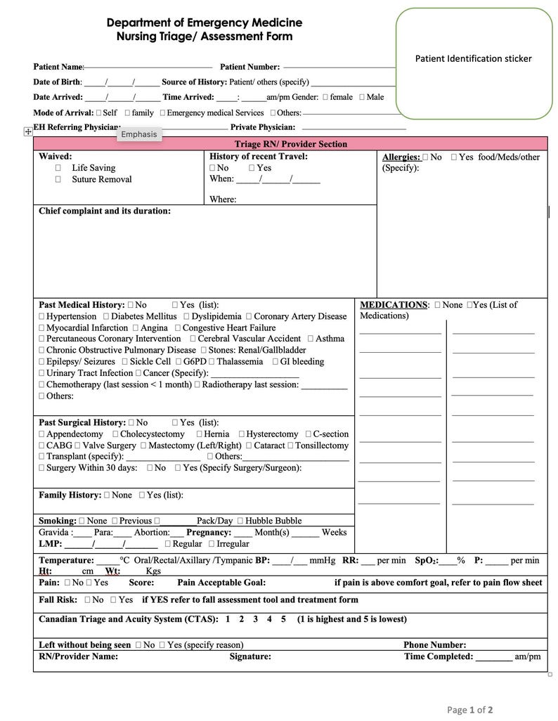 Nursing Triage Assessment Form – Emergency Medicine Template - Etsy