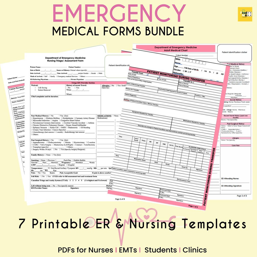 Emergency Medical Forms Bundle | Printable ER Nursing Templates, Triage ...