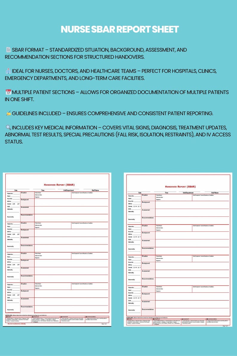 SBAR Nursing Report Sheet: Nurse Brain Sheet (digital Download) - Etsy