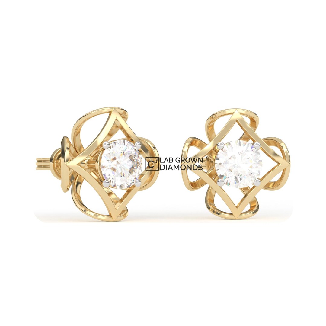 14K Yellow Gold Flower Diamond Earrings, Brilliant Round Cut Lab Grown Diamond Studs Earrings ...