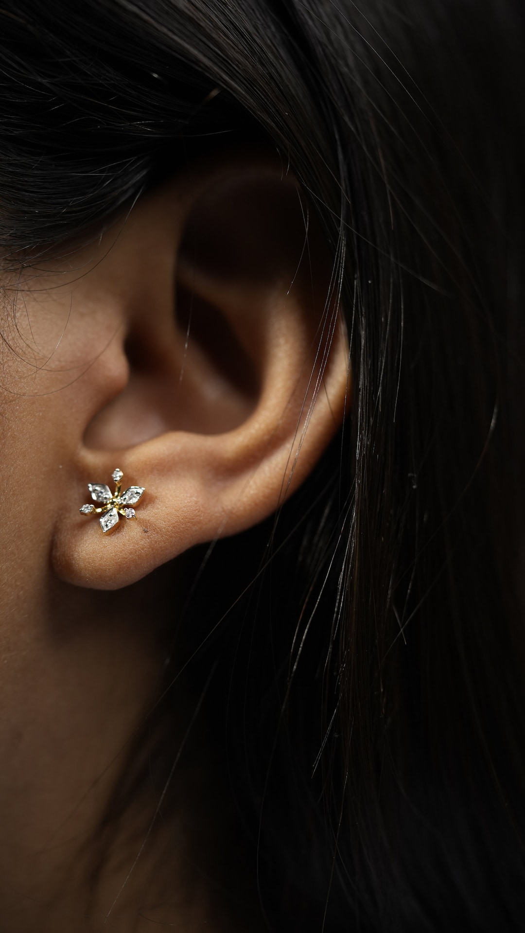 14K Yellow Gold Fancy Round Cut Lab Grown Diamond Studs, Flower Shape Screw Back Diamond Studs ...