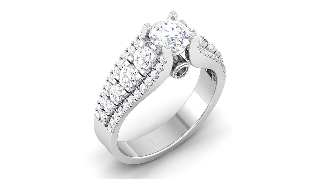 Broad Band Dancing Light Triple Band Engagement Bridal Set in 14K White ...