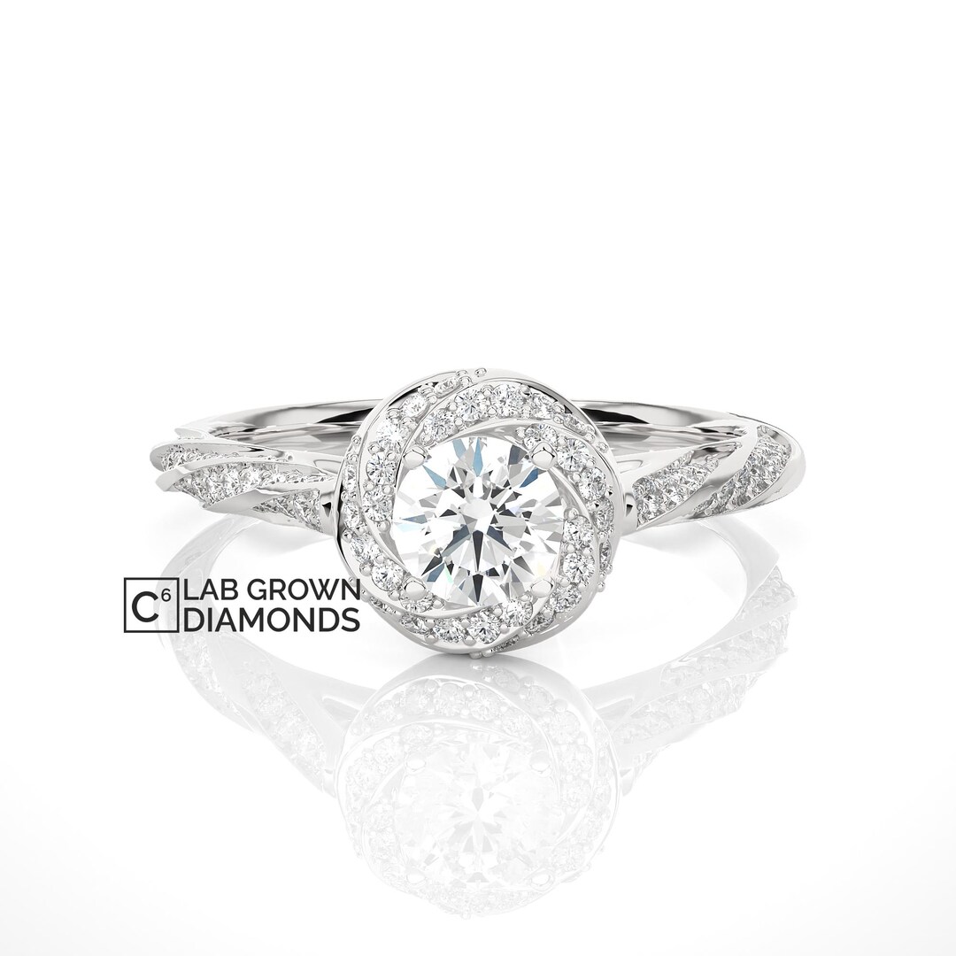 Twisted Halo Diamond Engagement Ring, Round Cut Lab Grown Diamond, 14k ...