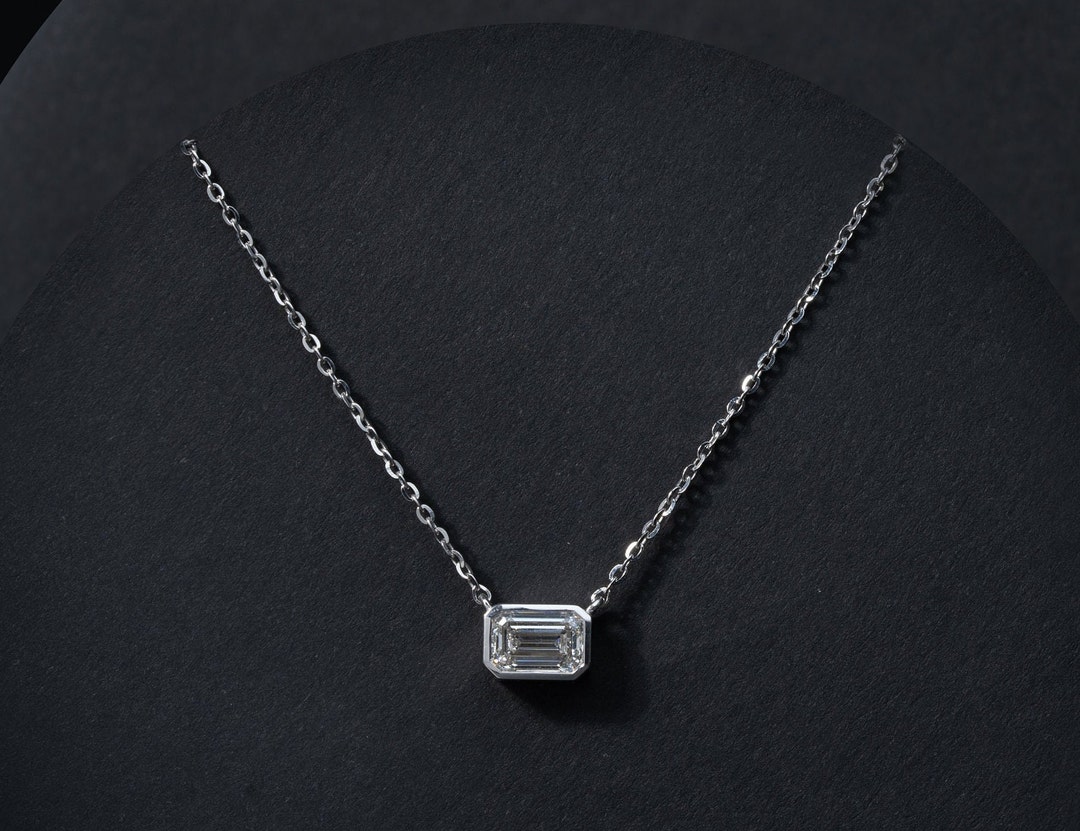 Emerald Bazel Cut Center Stone Lab Grown Diamond Pendant, 14K White ...