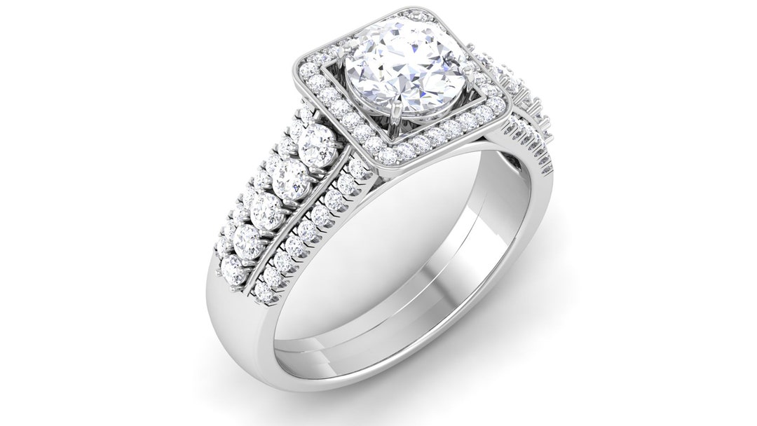 White Round Cut Lab Grown Daimond Square Frame Ring Set in 14K White ...