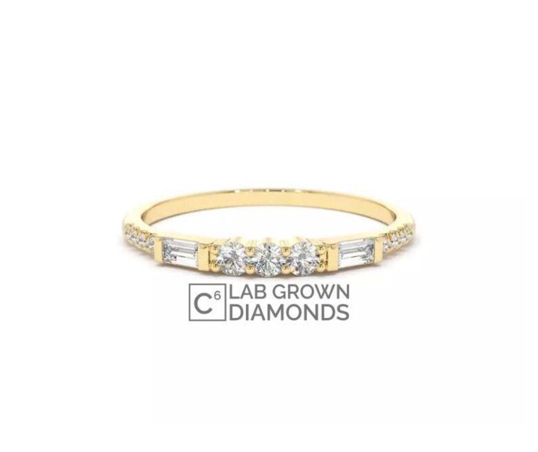 Pave Set Round & Baguette Diamond Half Eternity Band, Stackable Diamond ...