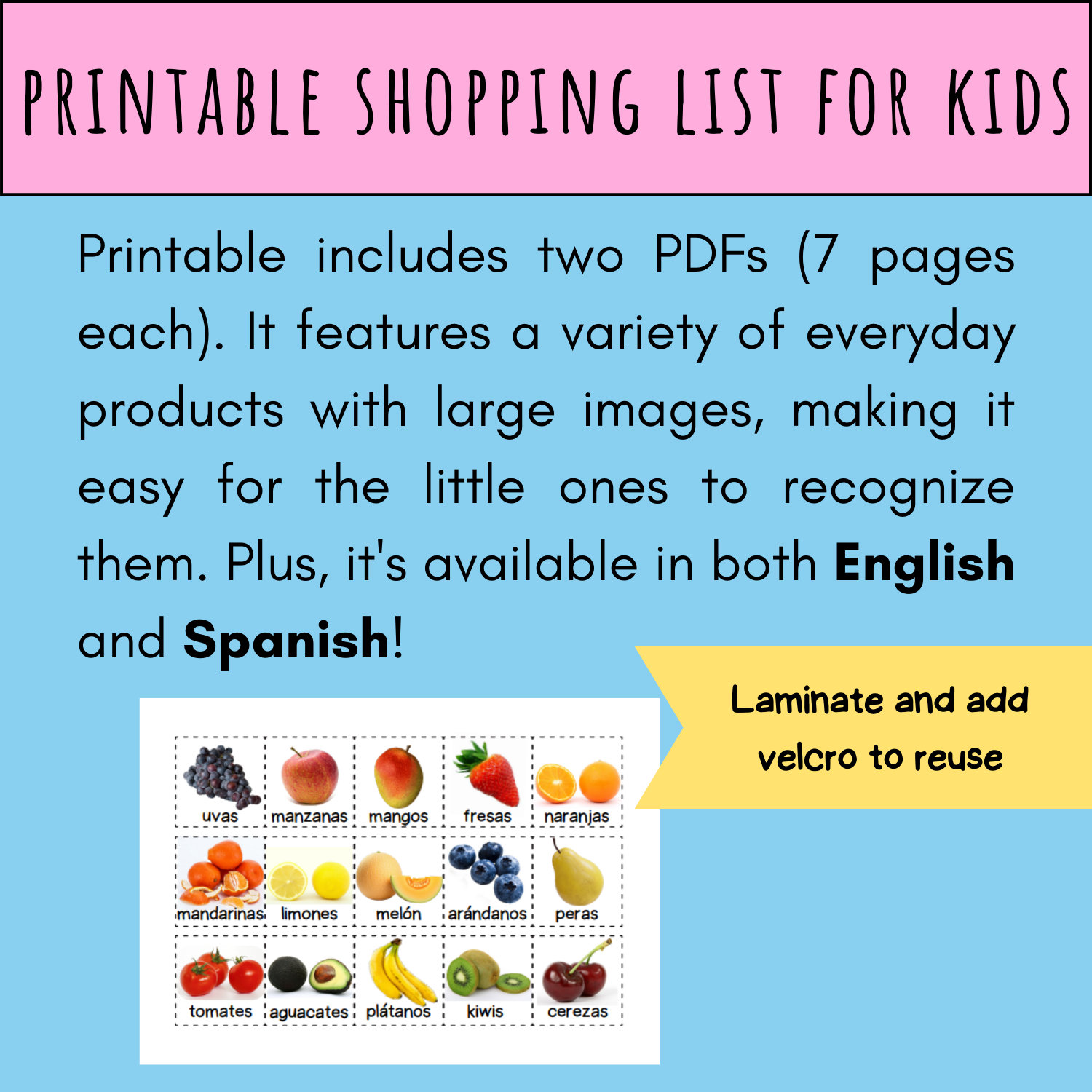 Printable Shopping List for Kids, English and Spanish, Educational ...