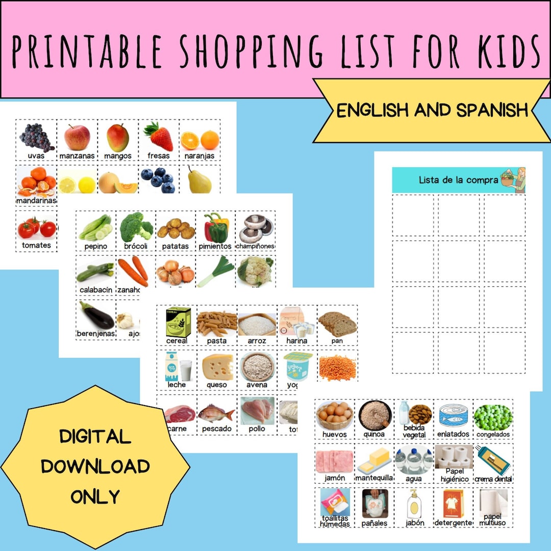 Printable Shopping List for Kids, English and Spanish, Educational ...