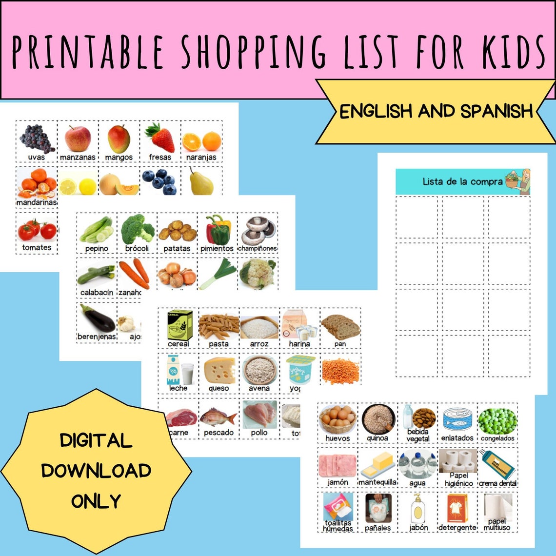 Printable Shopping List for Kids, English and Spanish, Educational ...