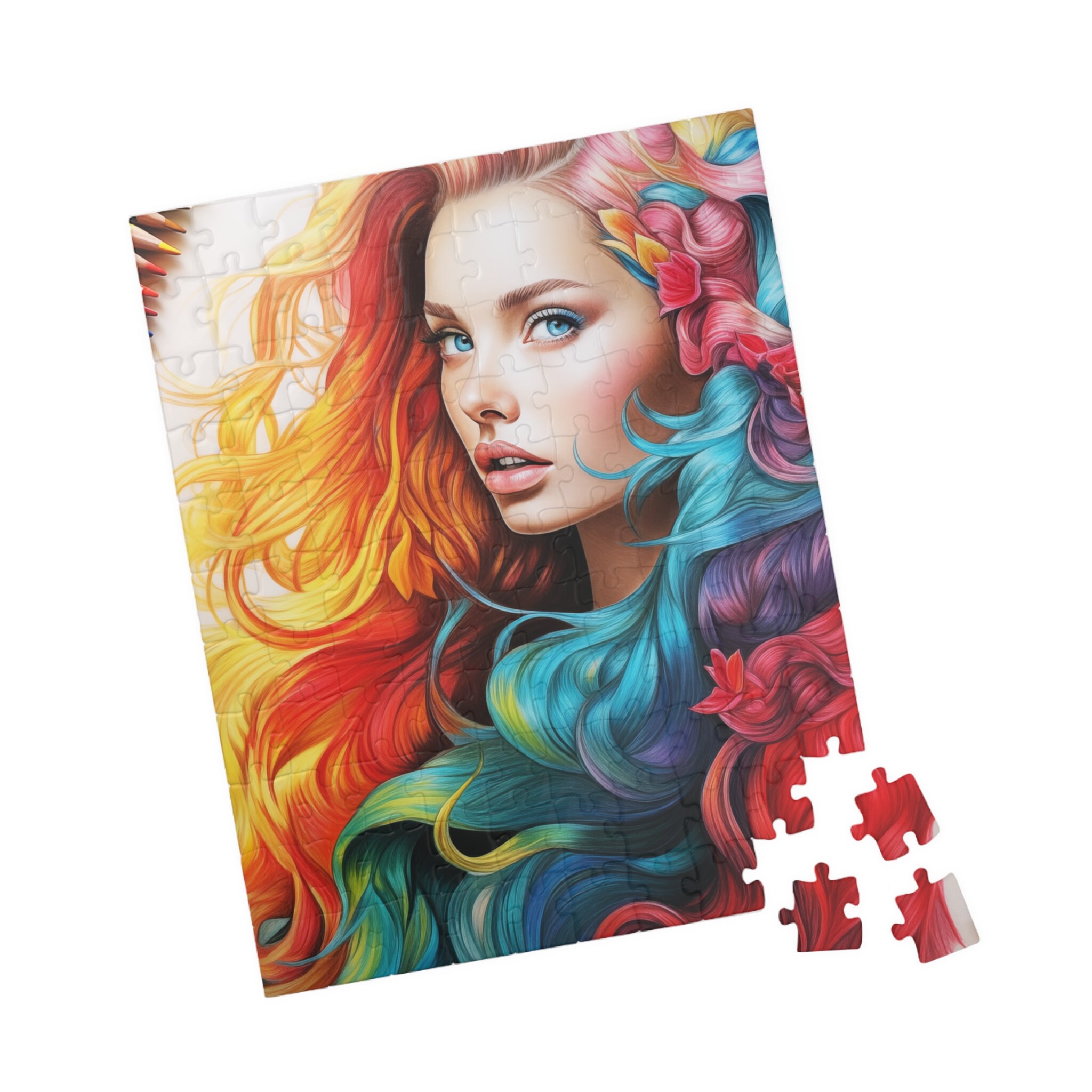 Fantasy Art Puzzle of Pencil Drawing of Woman With Colorful Hair 110 ...