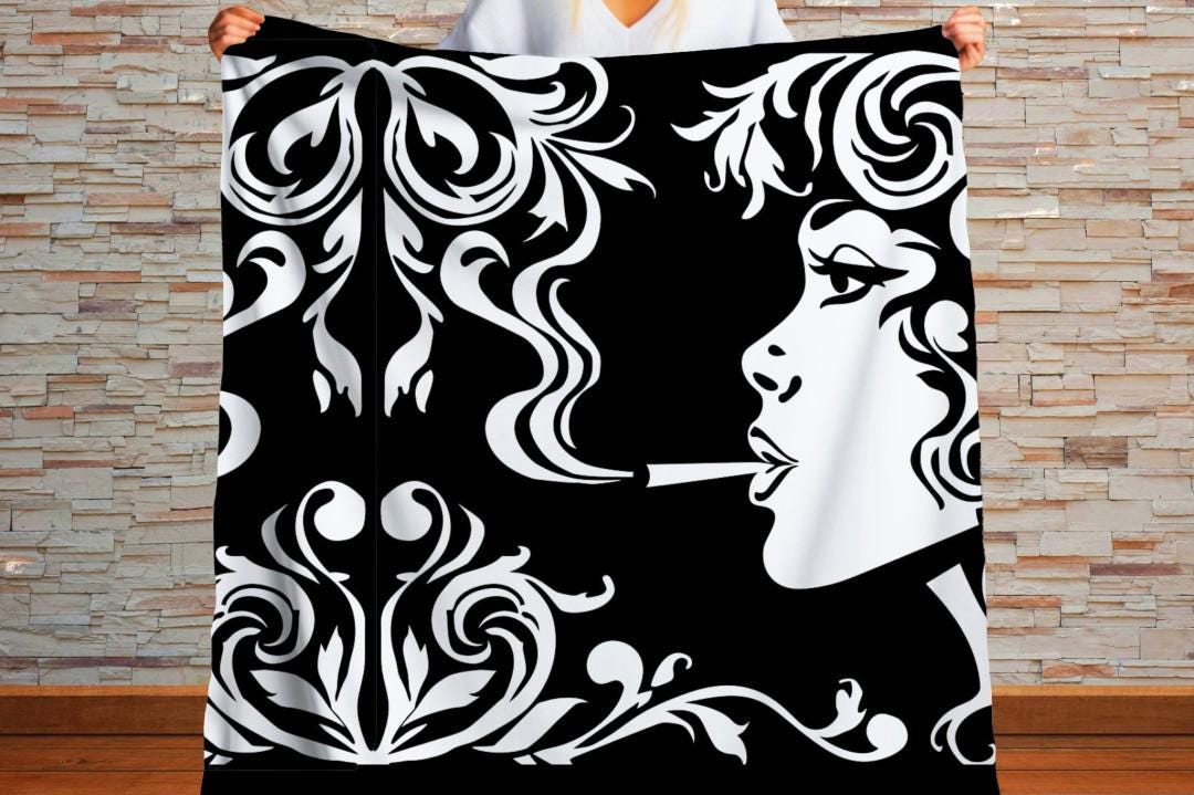 Smoking Girl Sherpa Blanket Black & White Art Nouveau Boho Floral Line ...