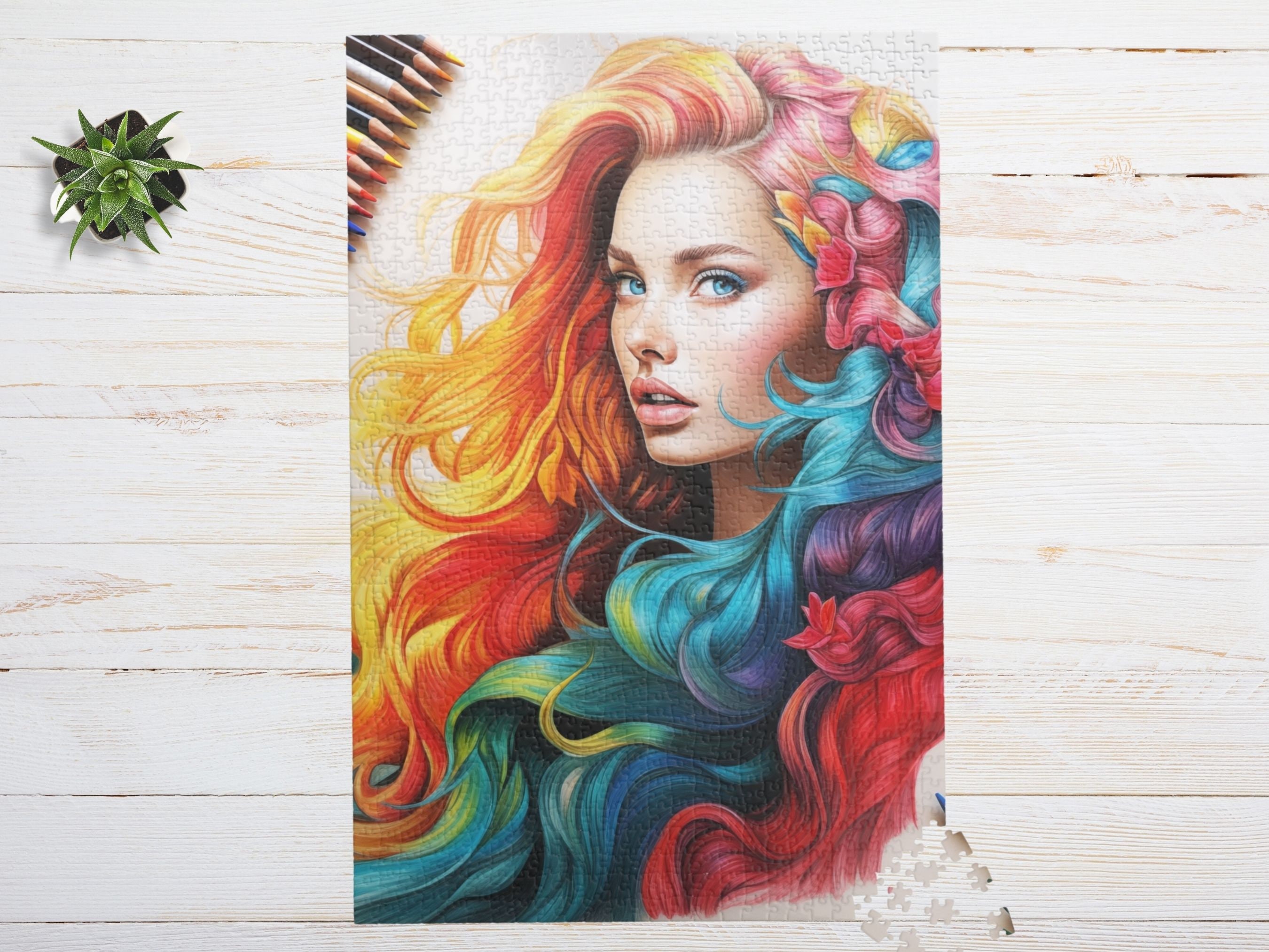 Fantasy Art Puzzle of Pencil Drawing of Woman With Colorful Hair 110 ...