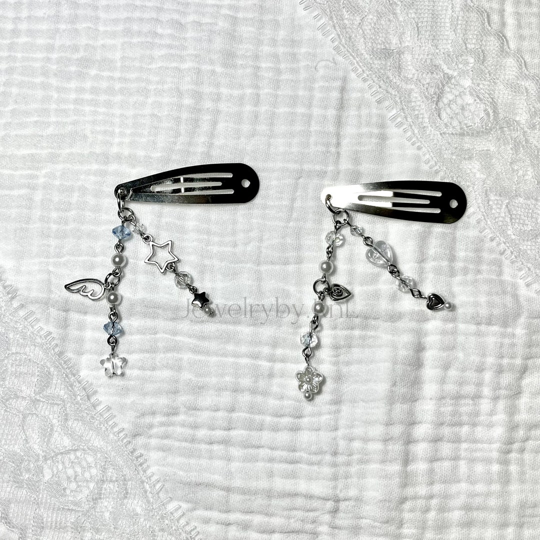 Beaded Dangle Hair Barrettes / Clips - Blue Crystal Star, White Crystal ...
